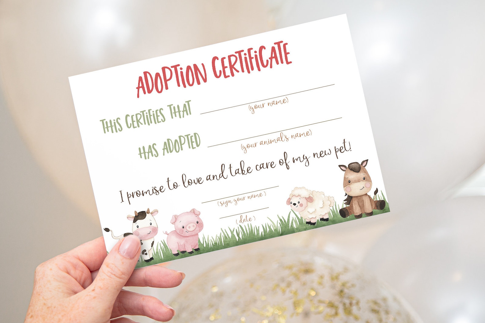 Farm Adoption Certificate Adopt an Animal Pet Adoption Party - Etsy