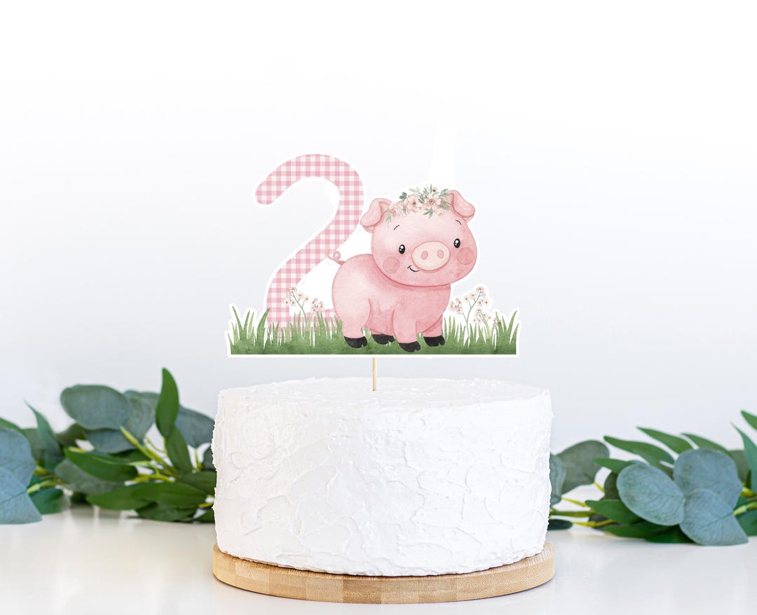Girl Pig 2nd Birthday Cake Topper, Girl Farm Centerpiece, Floral Pig ...