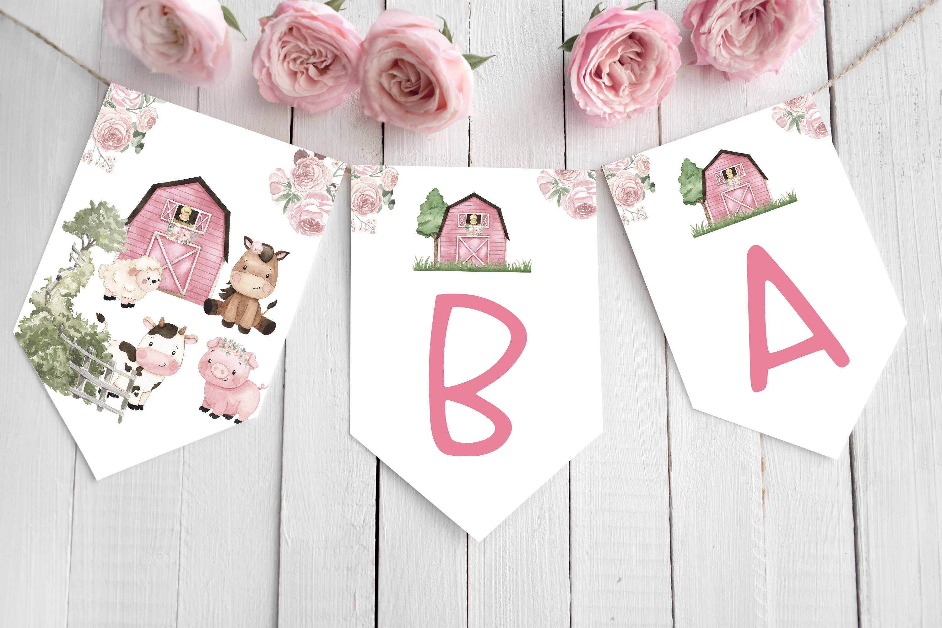 Girl Farm Welcome Baby Banner, Floral Farm Animals Baby Shower, Baby ...