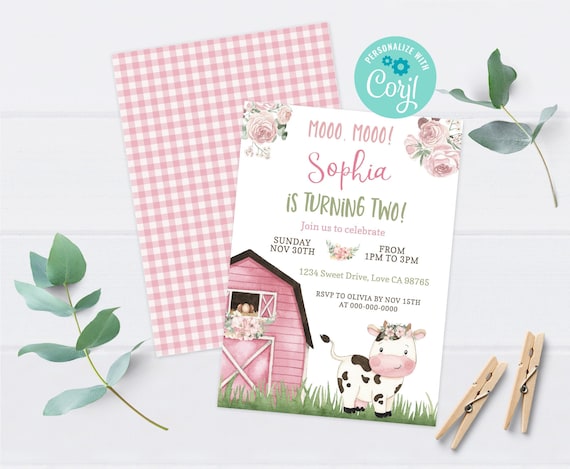 Cow Girl Birthday Invitation Farm Birthday Invitation for - Etsy
