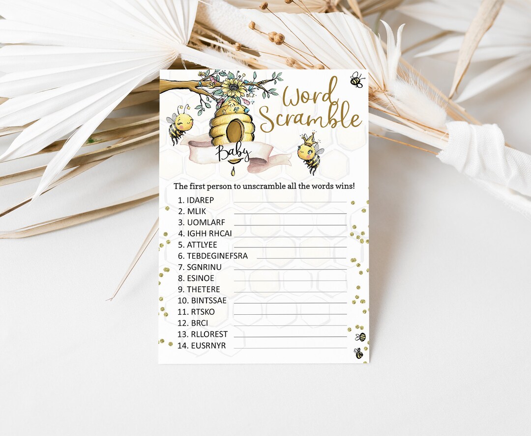 Bee Baby Shower Games, Bumble Bee Baby Word Scramble Printable, Bee ...