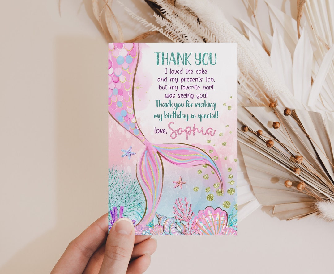 Mermaid Thank You Card, Editable Pink Mermaid Thank You Note, Under the ...