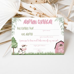 Cow Adoption Certificate, Adopt an Animal, Pet Adoption Party ...