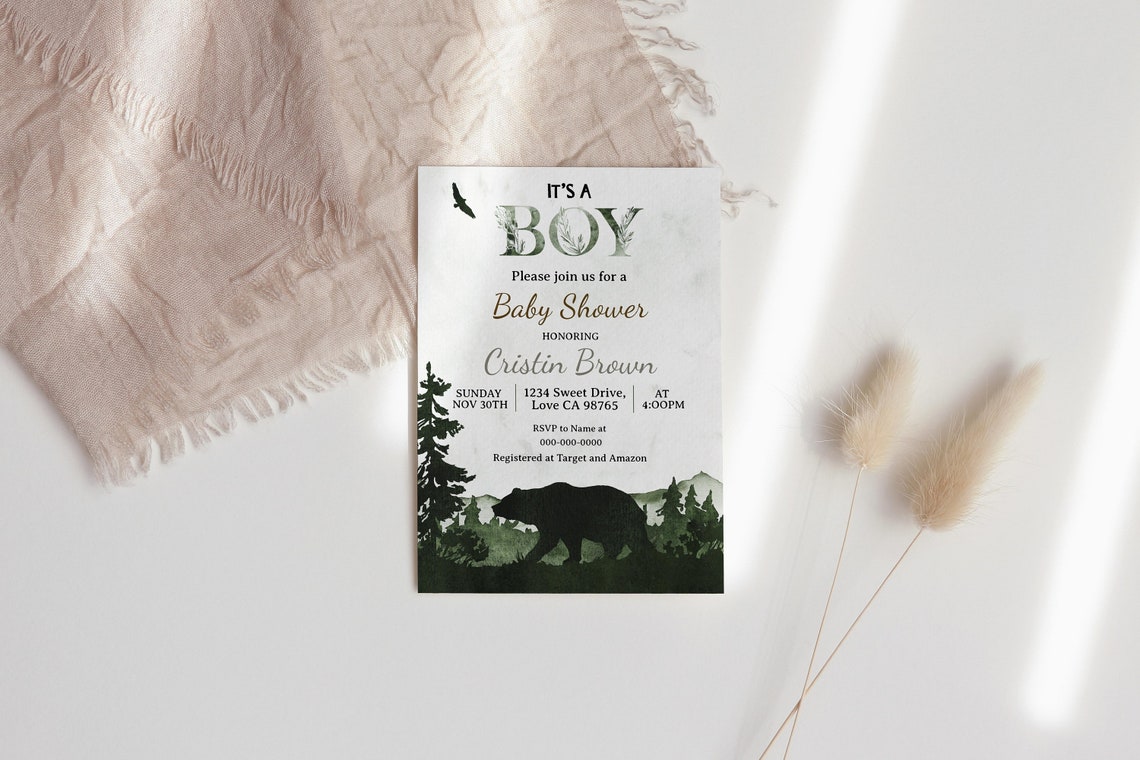 Editable It's a Boy Forest Baby Shower Invitation Bear | Etsy