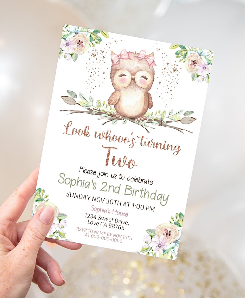EDITABLE Owl Birthday Invitation Girl Birthday Party Invite - Etsy