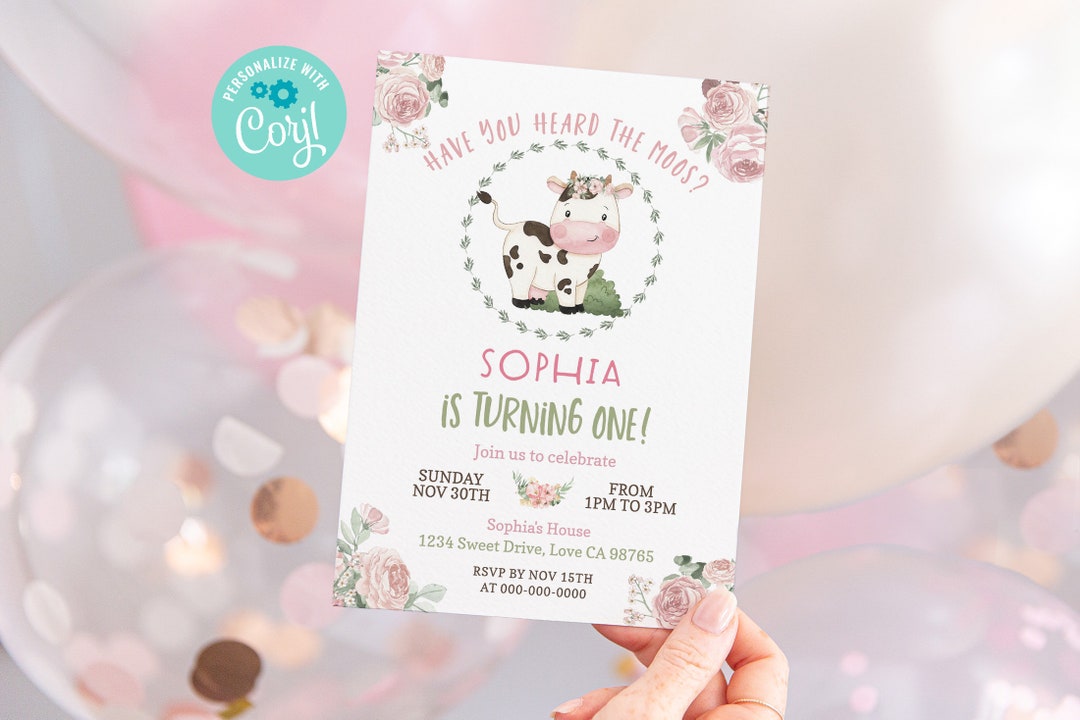 Cow Girl Birthday Invitation, Girl Cow First Birthday, Floral Farm ...
