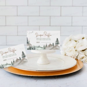 Mountains Baby Shower Printables, Woodland Diaper Raffle Sign and Card ...