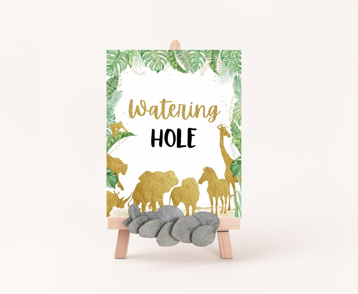 Watering Hole Jungle Table Sign, Safari Sign, Gold Safari Animals ...