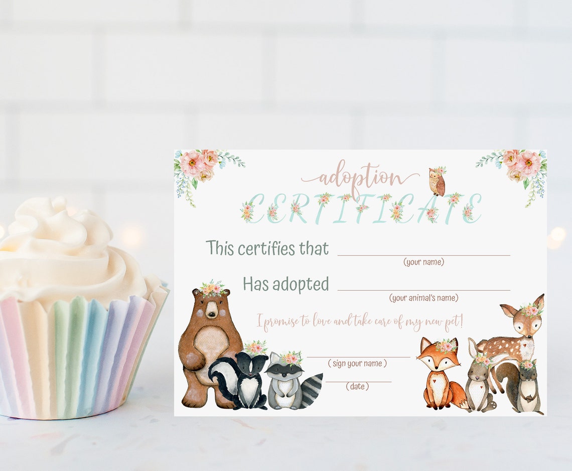Girl Woodland Animal Adoption Certificate, Adopt an Animal, Floral ...