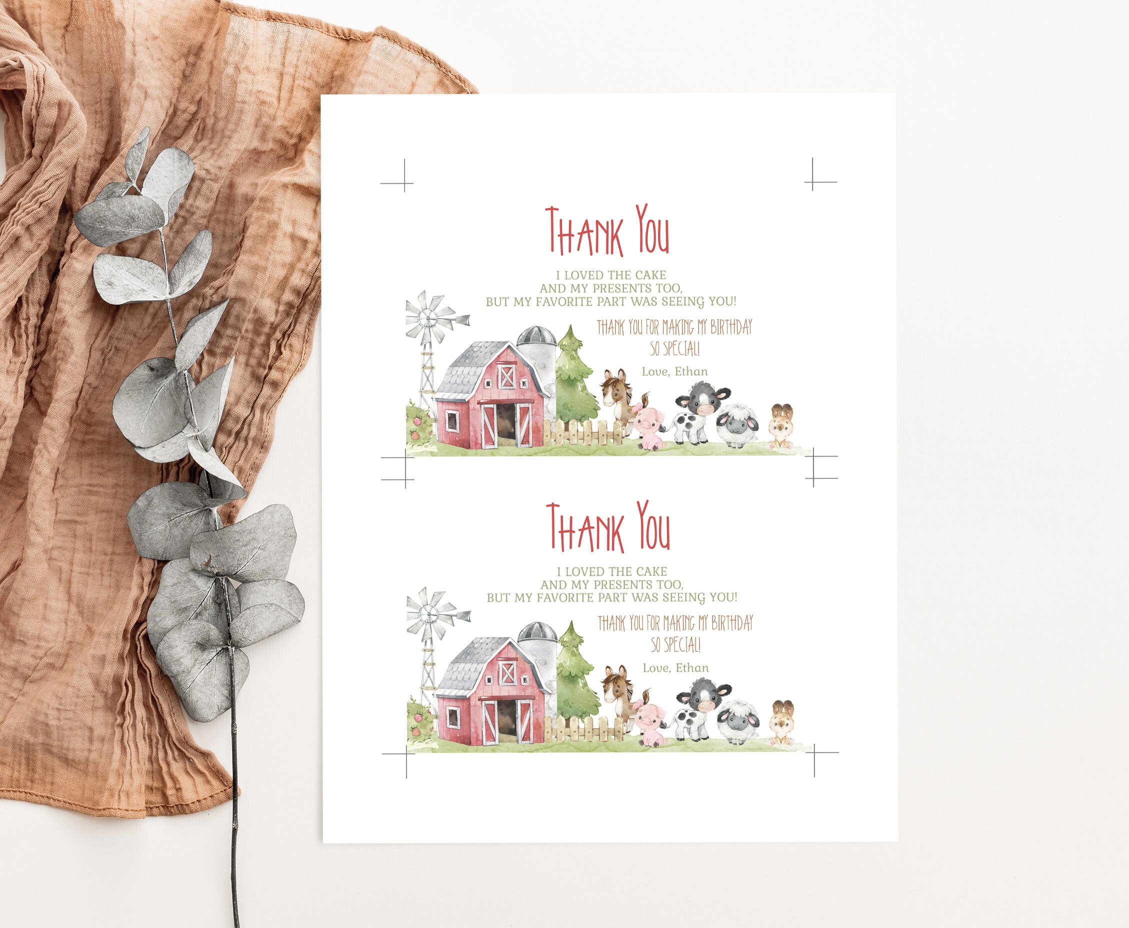 Editable Farm Thank You Card, Farm Birthday Thank You Note, Farm ...