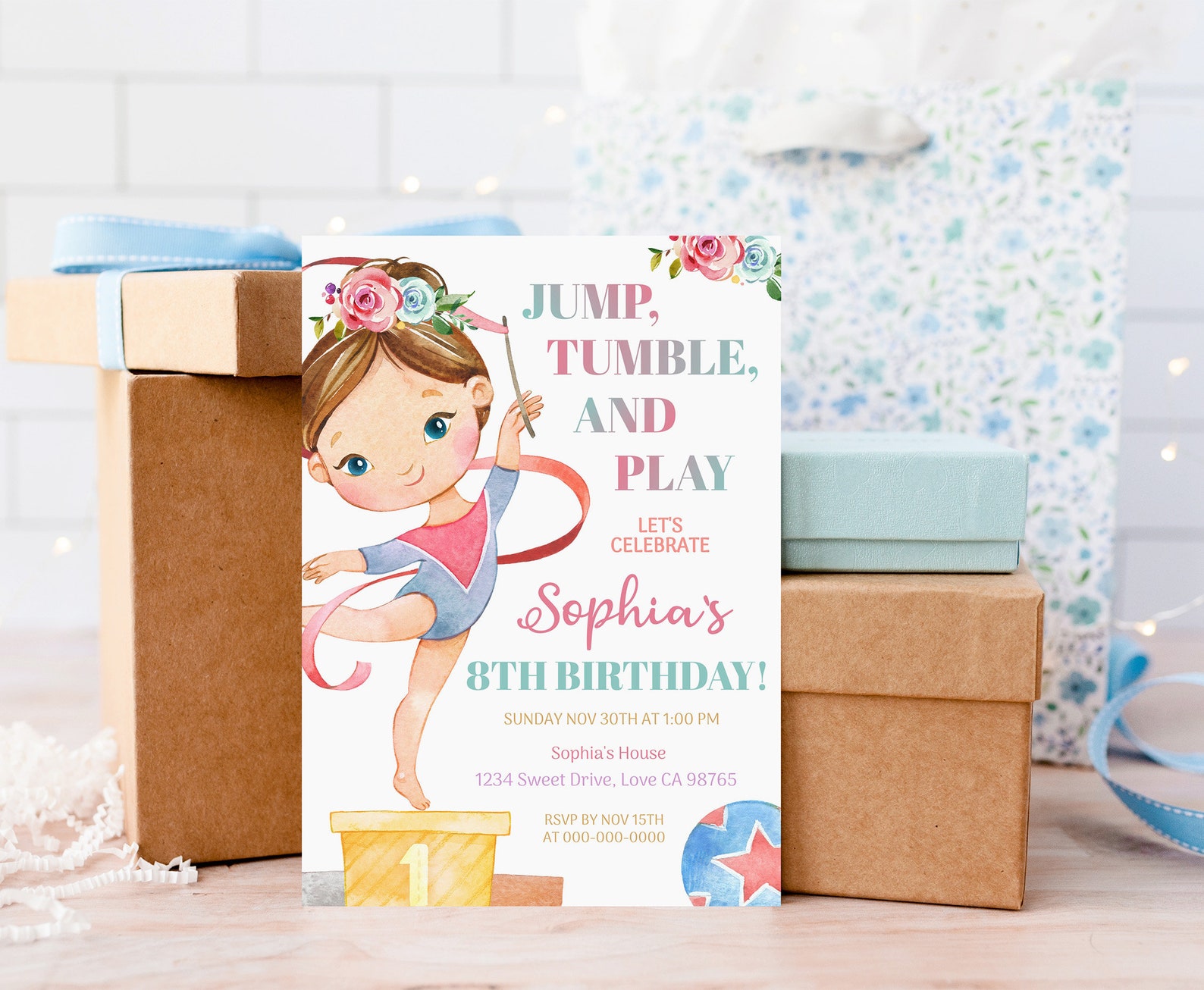 Gymnastics Birthday Invitation, Instant Download, EDITABLE Rainbow Girl ...