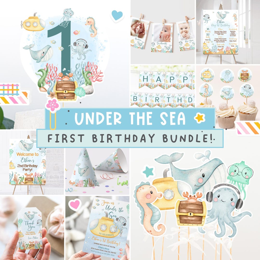 Under the Sea 1st Birthday Bundle - Whale and Ocean Animals Invitation ...