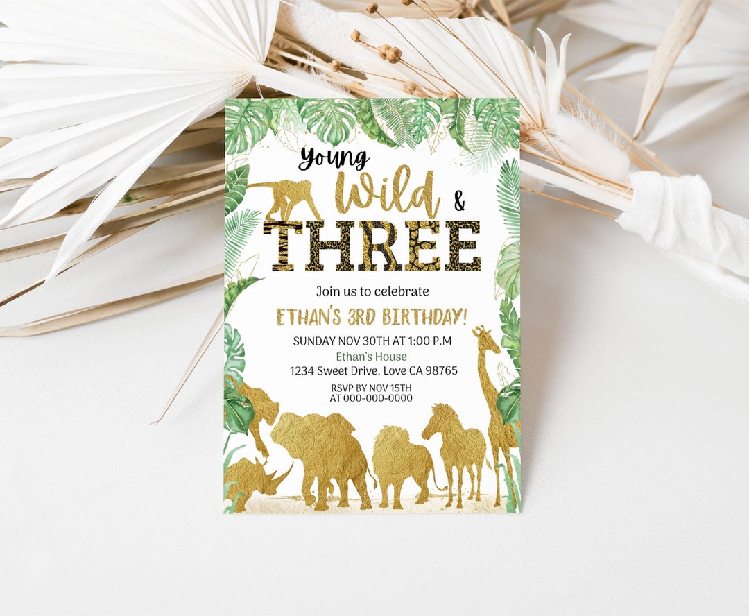 Young Wild and Three Invitation, Safari 3rd Birthday Invitation ...