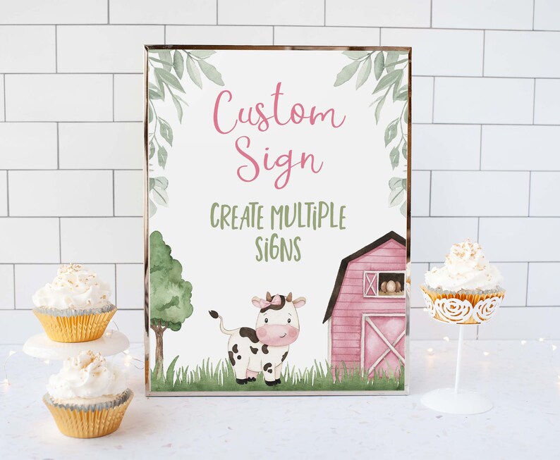 Editable Cow Table Sign, Girl Farm Custom Sign, Pink Barnyard Table ...