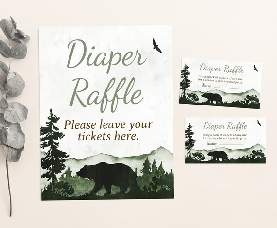 Woodland diaper raffle sign and card, Forest baby shower decorations ...