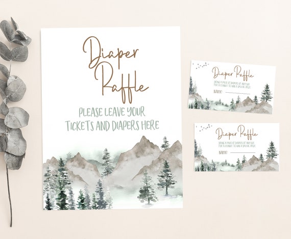 Mountains baby shower printables, Woodland diaper raffle sign and card ...