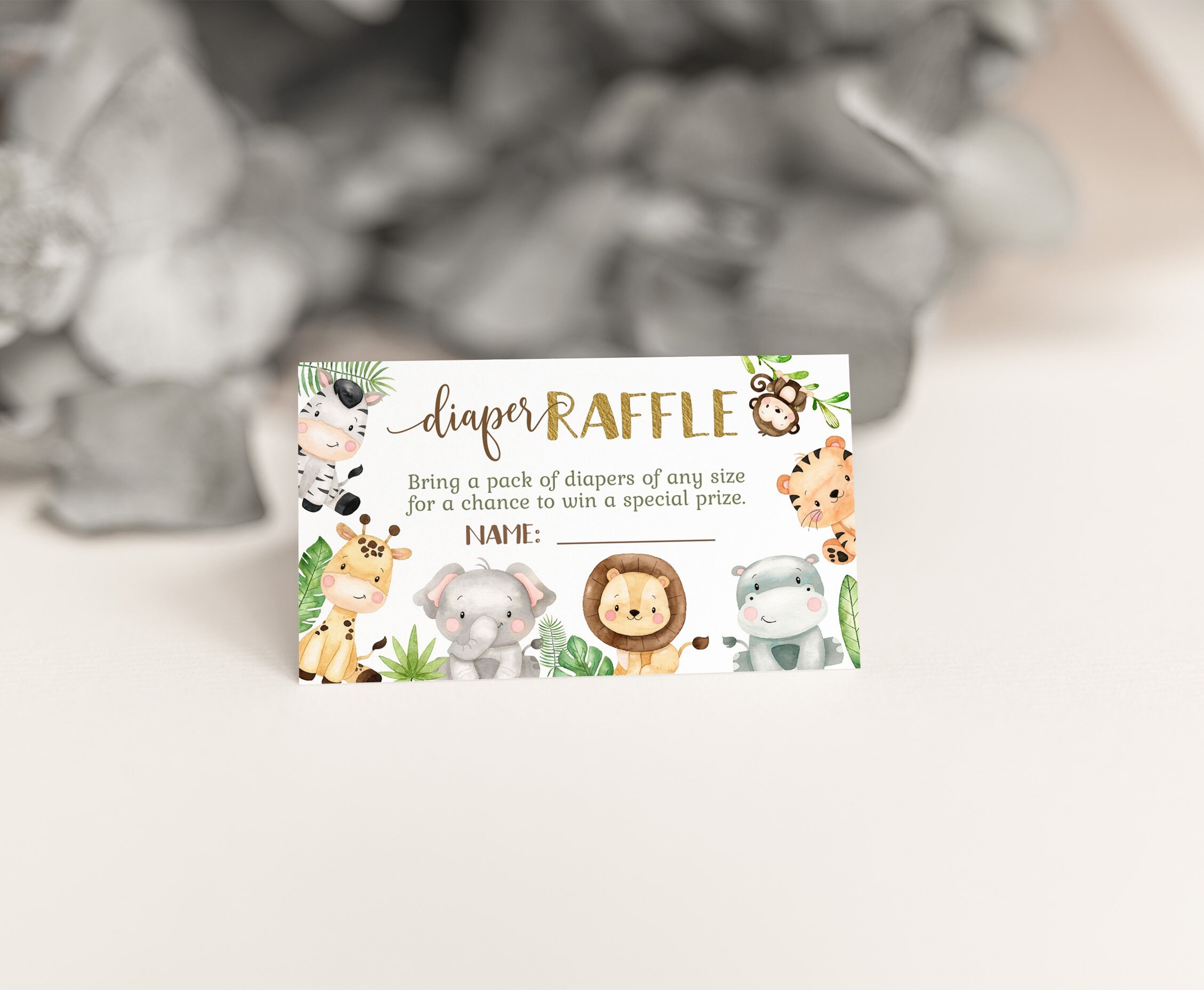 Safari Diaper Raffle Printable, Sign + Card, Jungle Animals Baby Shower ...