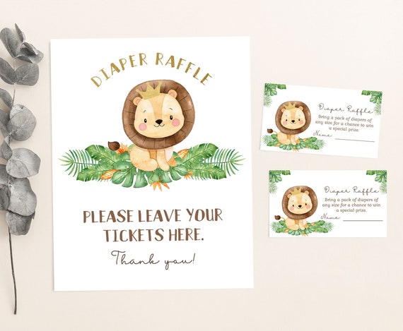 Lion Diaper Raffle, Safari diaper raffle Tickets and sign, Jungle baby ...