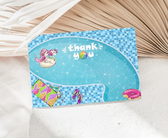 Pool Party thank you card, Digital download flat 4x6 card, Summer party ...