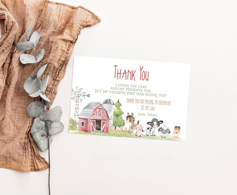 Editable Farm Thank You Card Farm Birthday Thank You Note - Etsy