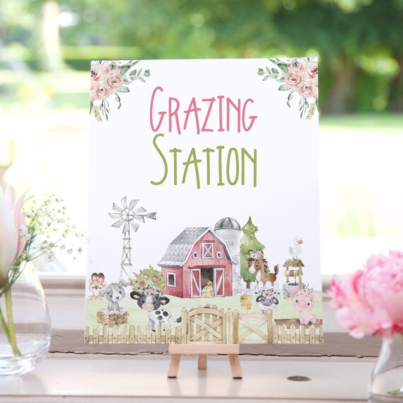 Grazing Station sign, Pink Farm birthday decorations, Food table sign ...