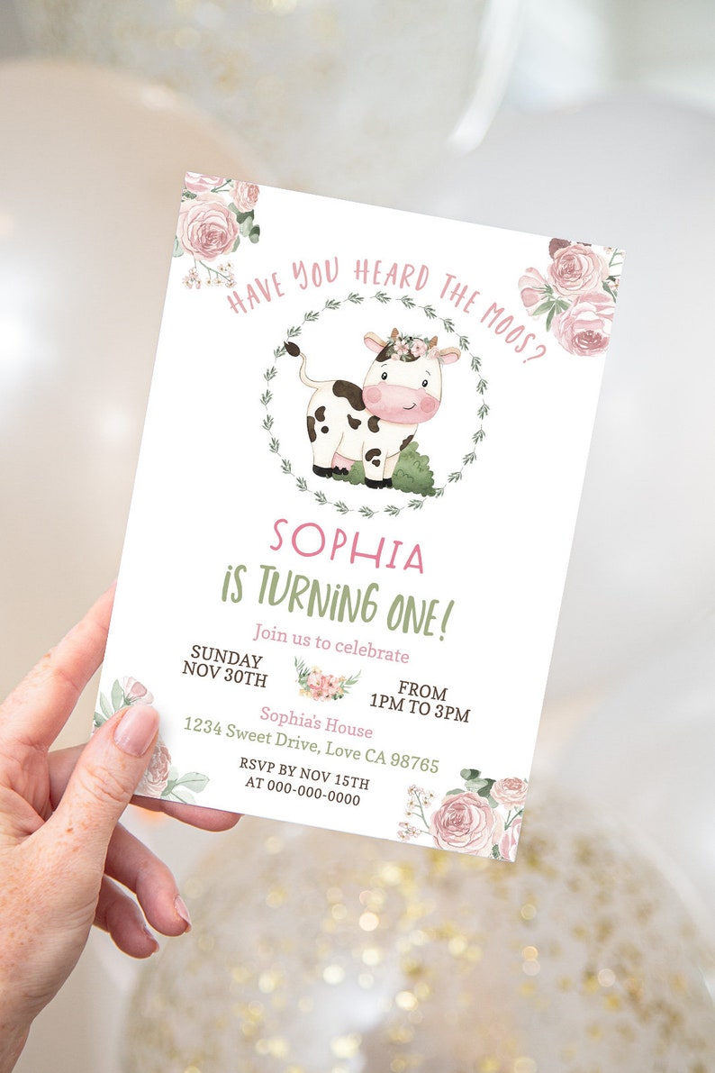 Cow Girl Birthday Invitation, Girl Cow First Birthday, Floral Farm ...