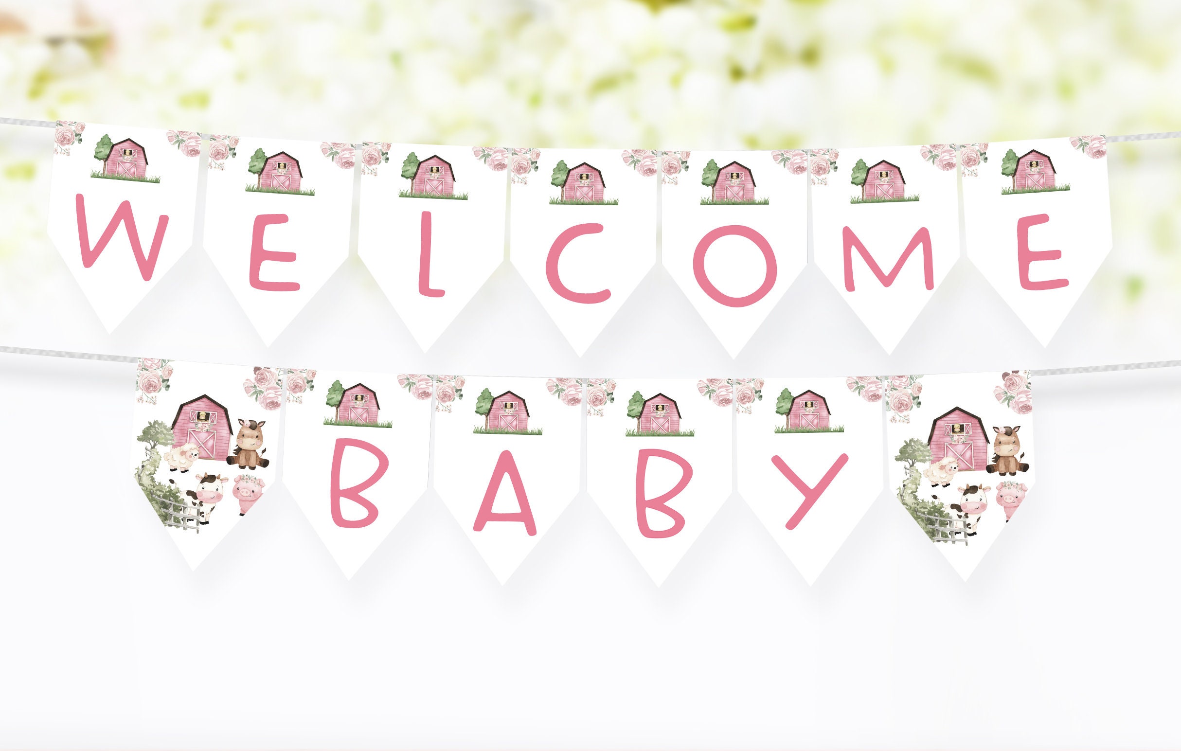 Girl Farm Welcome Baby Banner, Floral Farm Animals Baby Shower, Baby ...