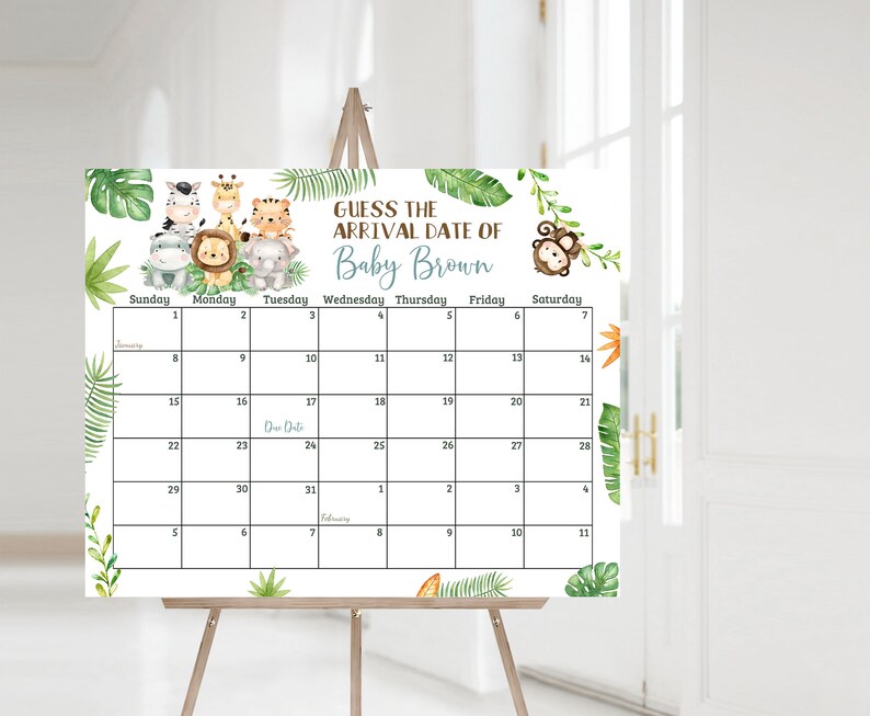Safari Due Date Calendar, Instant Download, Safari Baby Shower Games ...