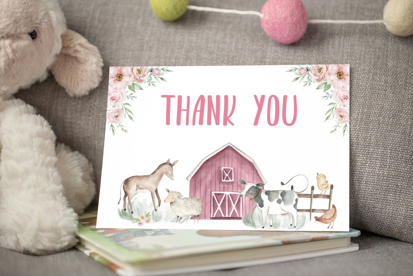 Farm Thank You Cards Girl Flat 4x6 Card Floral Farm Animals | Etsy