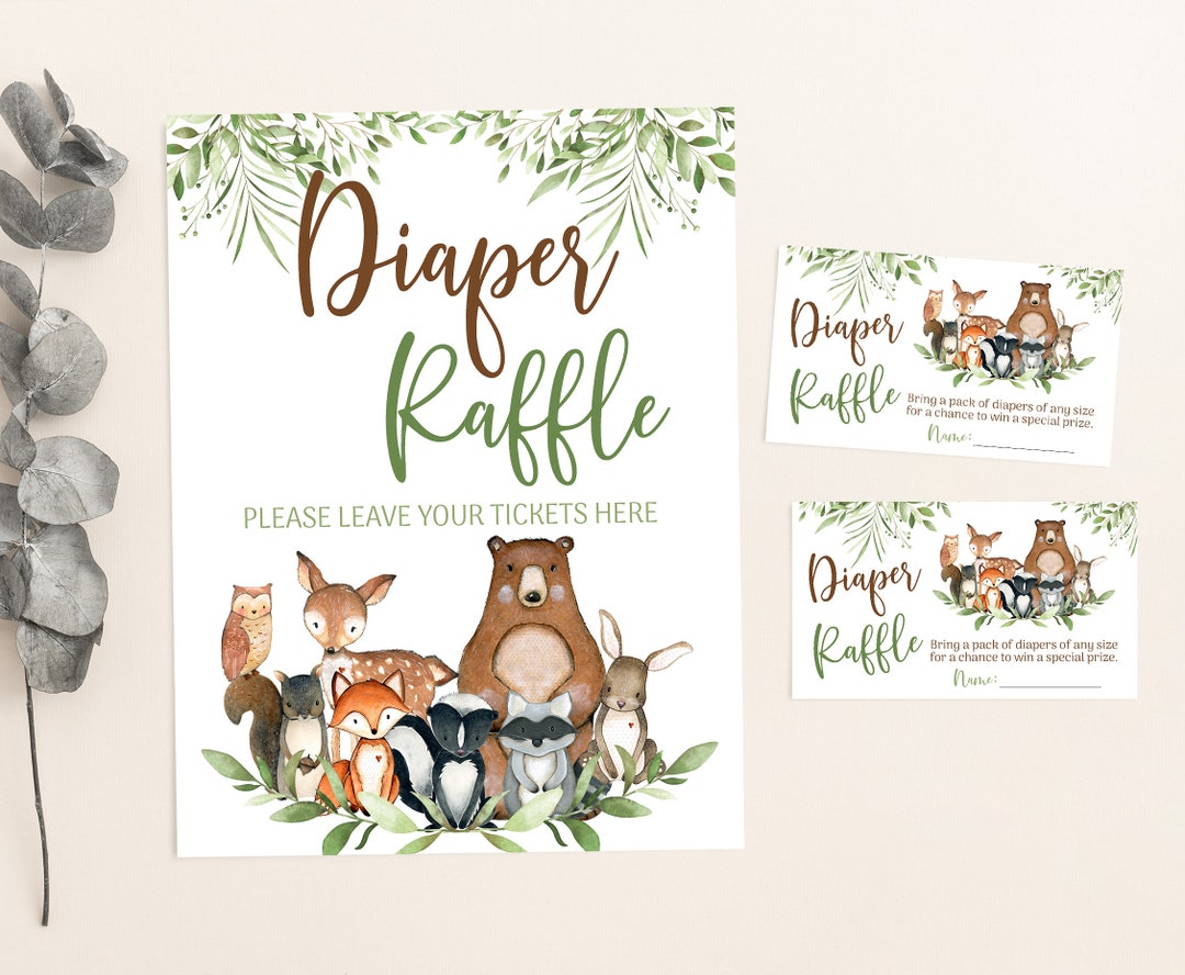 Woodland Diaper Raffle Sign and Card, Forest Animals Baby Shower ...