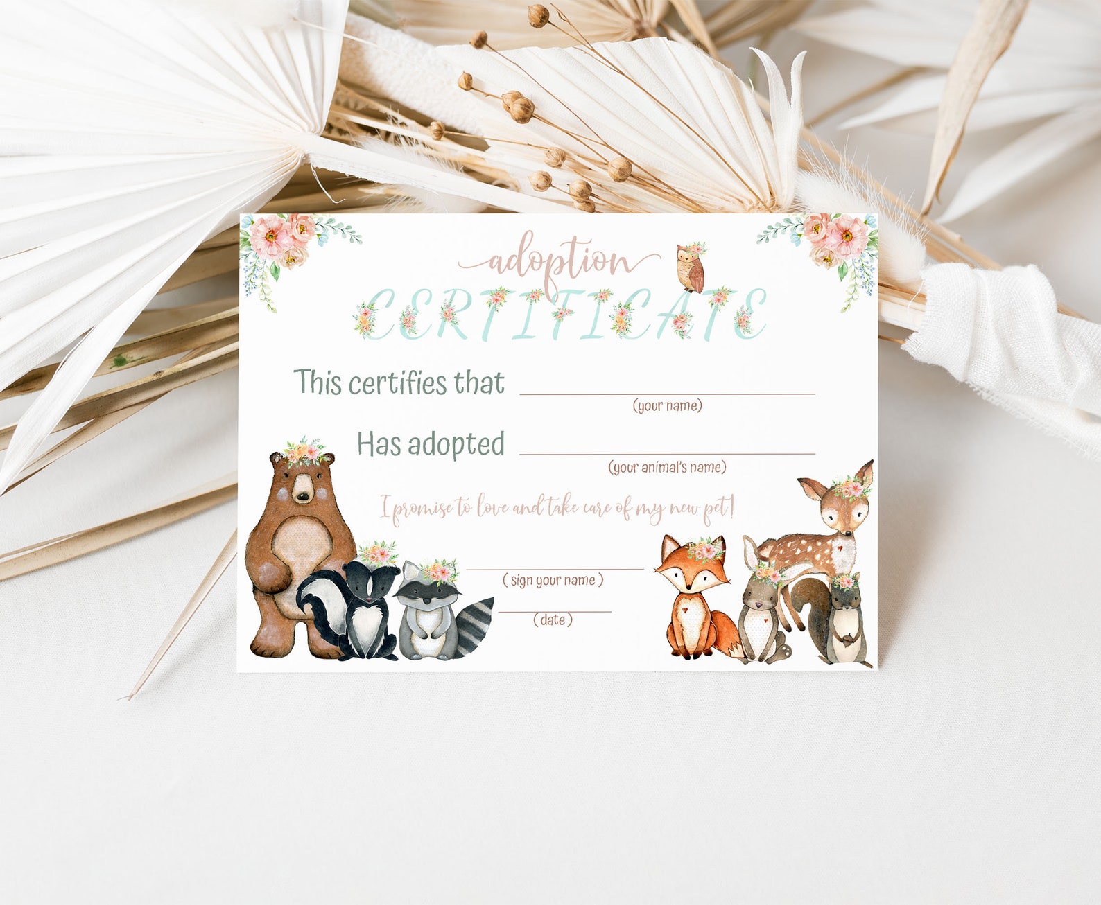Girl Woodland Animal Adoption Certificate, Adopt an Animal, Floral ...