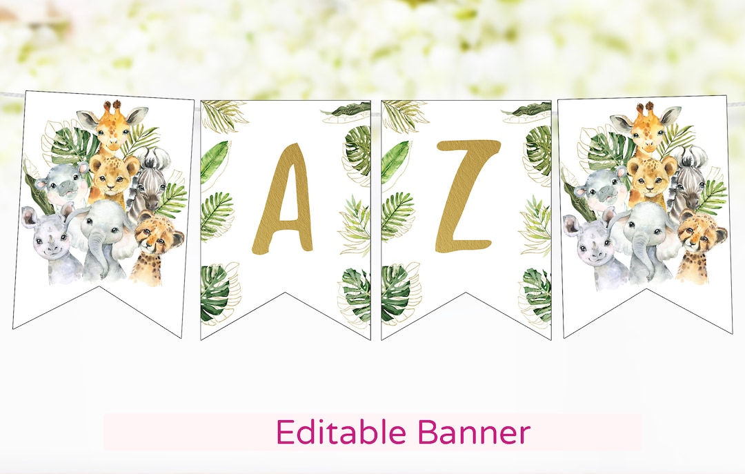 Editable Safari Animals Birthday Banner, Safari Baby Shower Decor ...