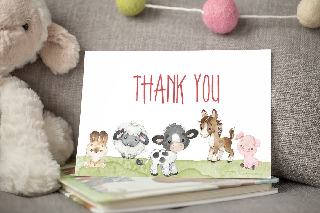 Farm Thank You Card, Flat 4x6 Card, Farm Animals Baby Shower, Barnyard ...