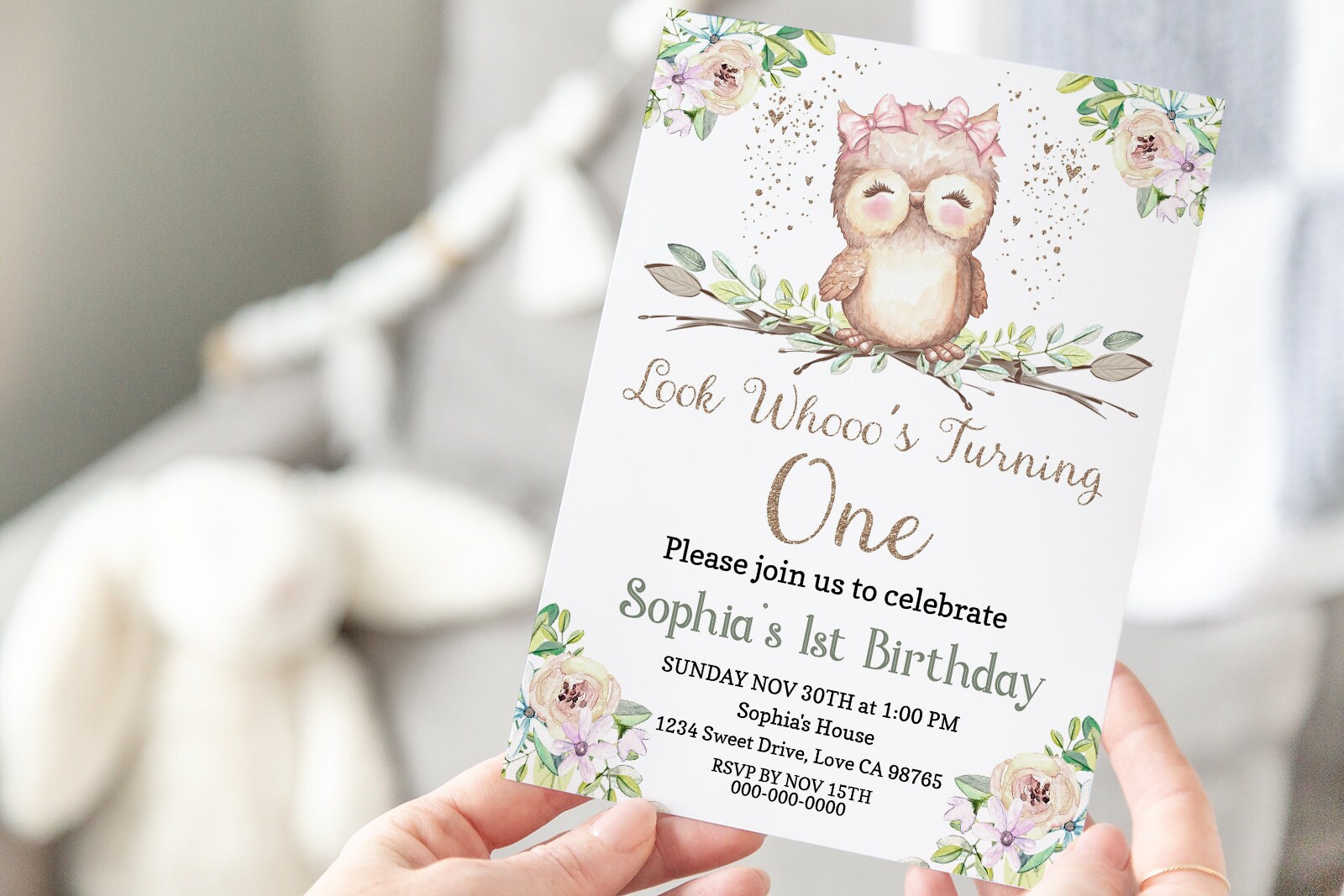 EDITABLE Owl 1st Birthday Invitation Girl First Birthday | Etsy