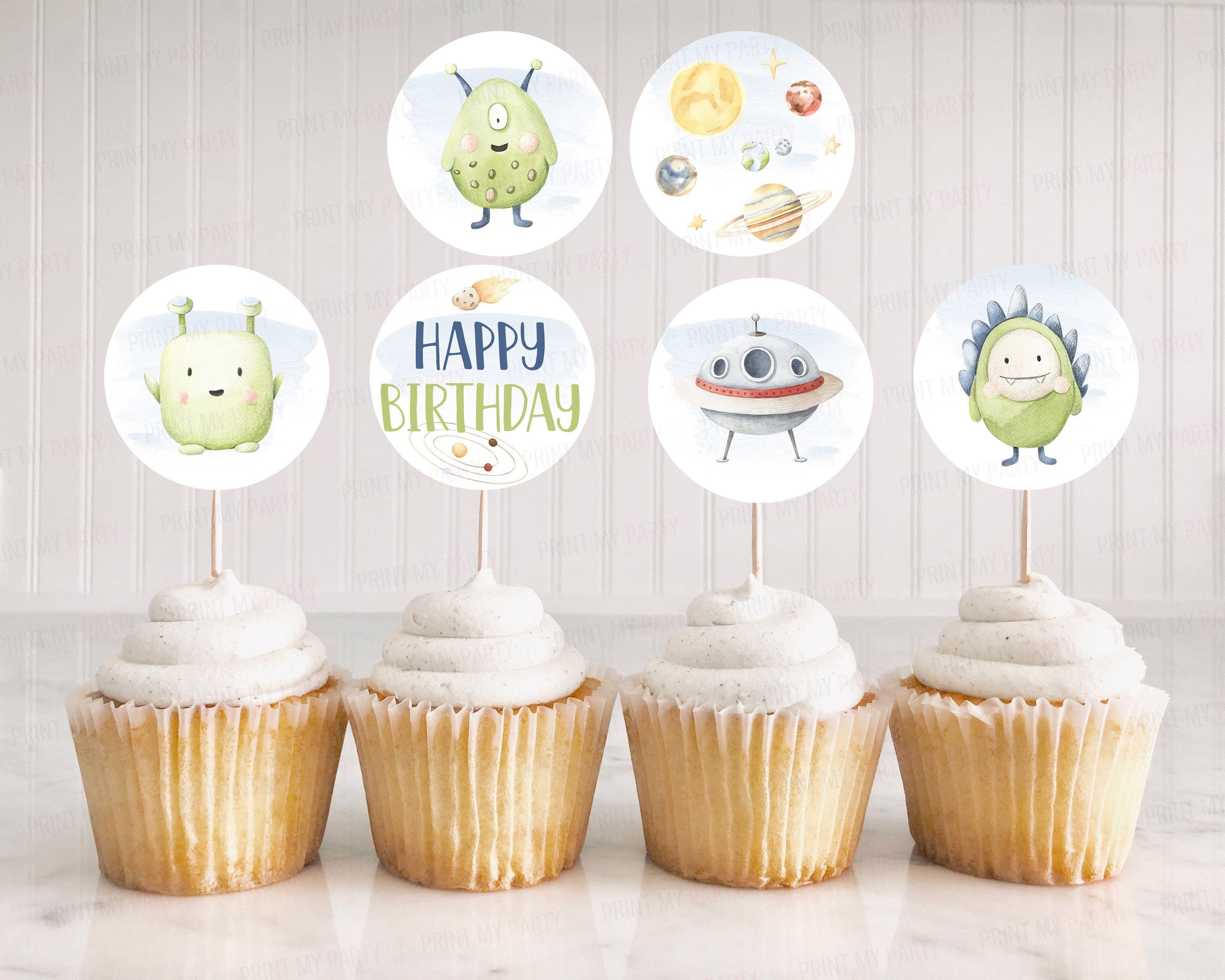 Alien cupcake toppers Outer Space birthday printables Alien | Etsy