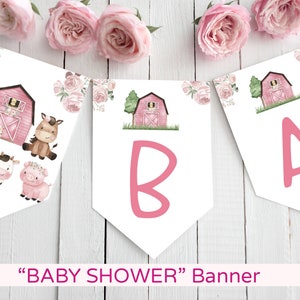 Pink Farm Baby Shower Banner, Floral Farm Animals Baby Shower, Baby ...