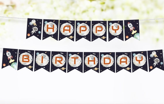 Space Happy Birthday banner, Astronaut birthday decorations, Outer ...