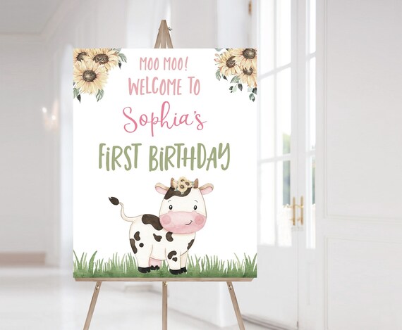 Cow Welcome Sign, Instant download, Floral farm party printables ...