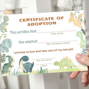 Dinosaur Adoption Certificate, Adopt an Animal, Pet Adoption Party ...