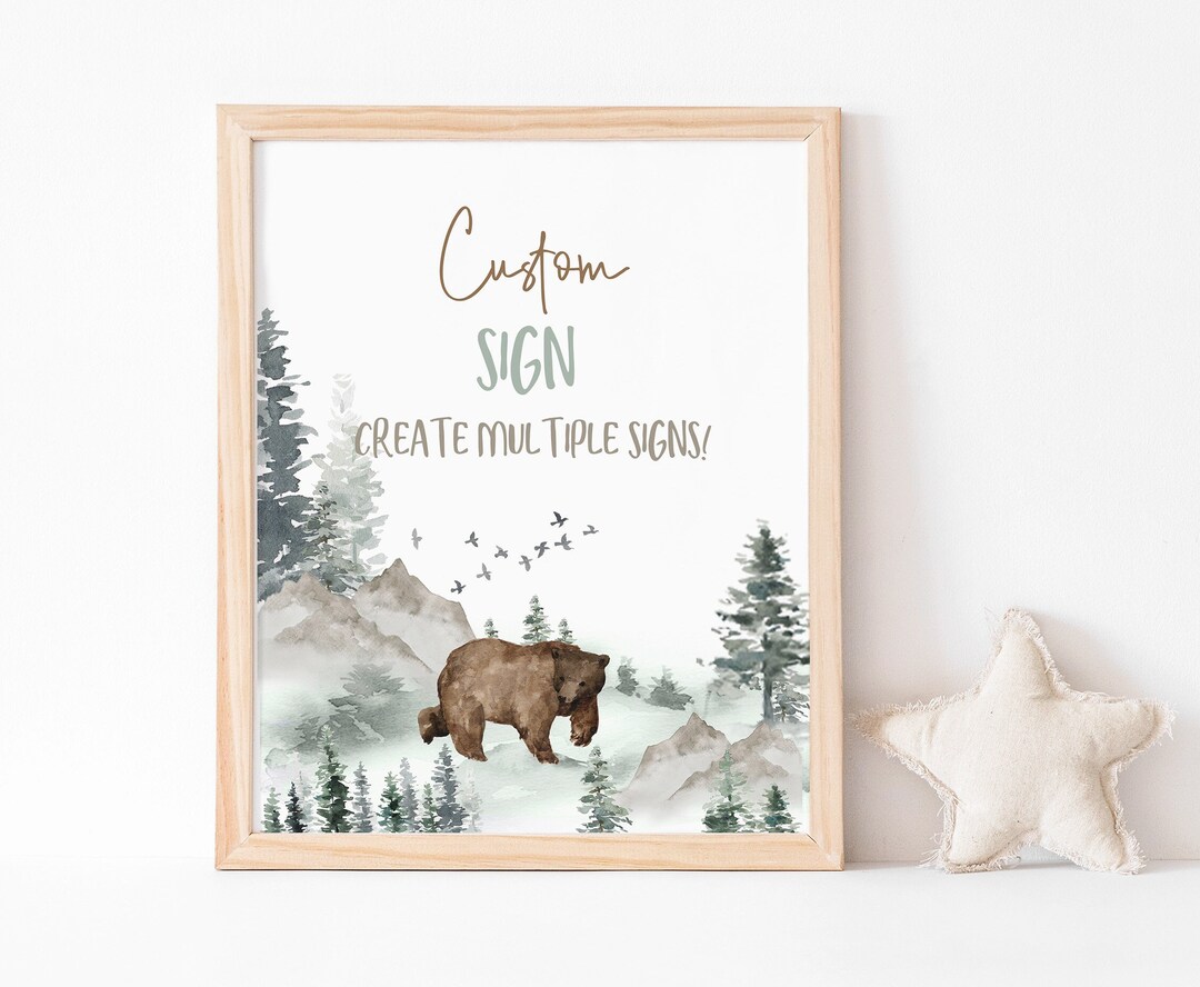 Bear Custom Sign, Editable Woodland Table Sign, Instant Download ...
