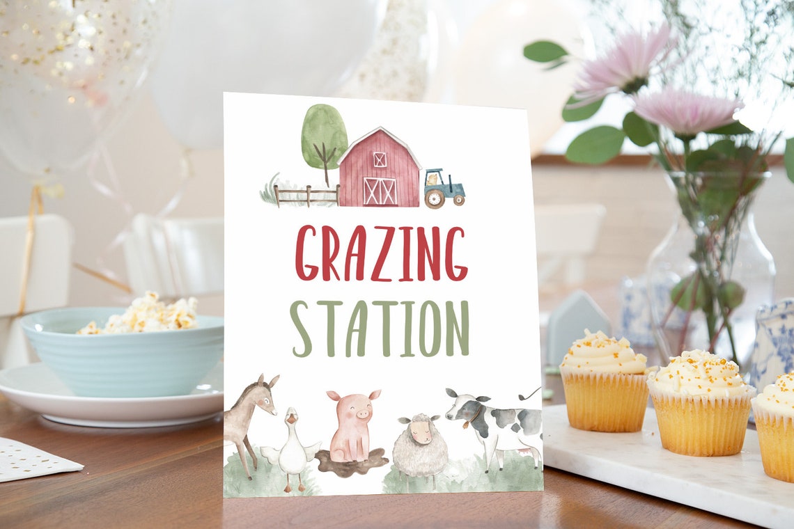Grazing Station Sign, Farm Birthday Printables, Food Table Signs, Farm ...