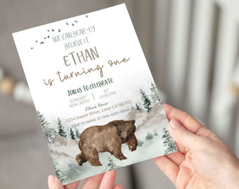 Editable Bear Birthday Invitation Boy Black Bear Evite Little Cub ...