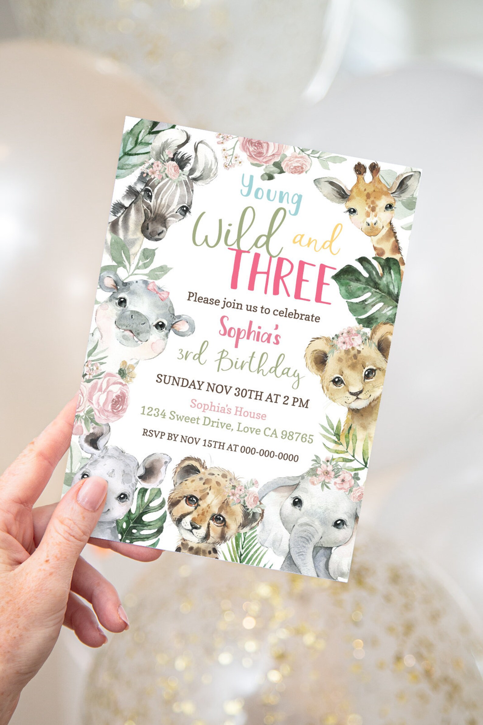 Young Wild and Three Invitation Girl, Floral Safari Birthday, EDITABLE ...
