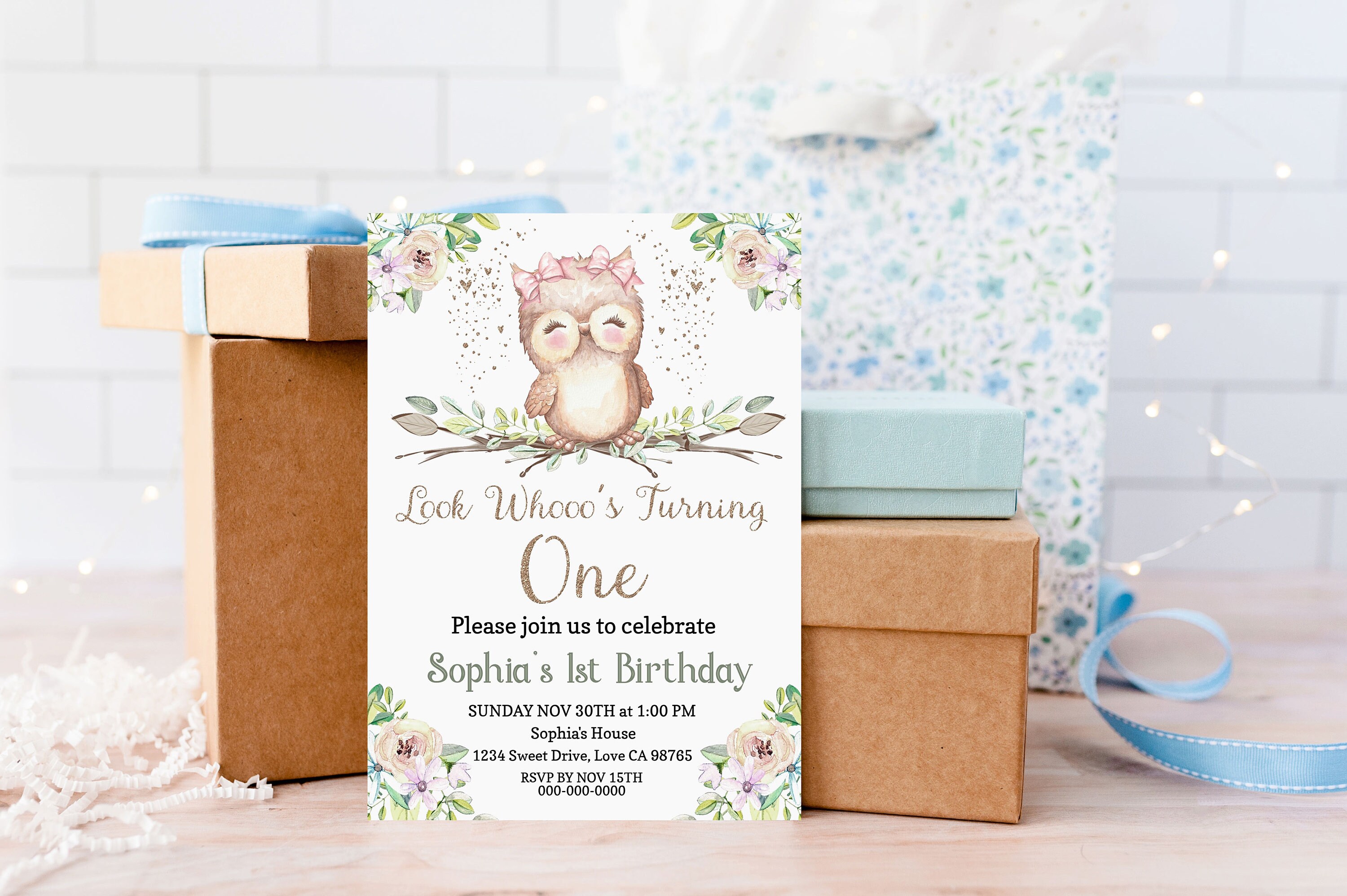 EDITABLE Owl 1st Birthday Invitation Girl First Birthday | Etsy