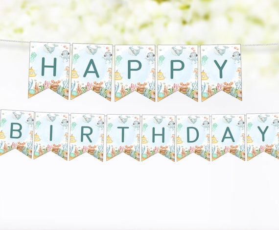 Under The Sea banner, Happy Birthday pennant Banner, Ocean party ...