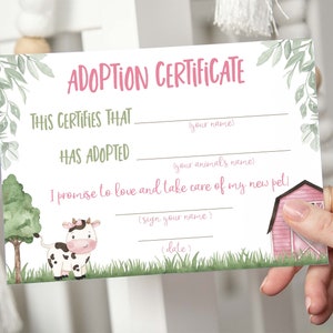 Cow Adoption Certificate, Adopt an Animal, Pet Adoption Party ...