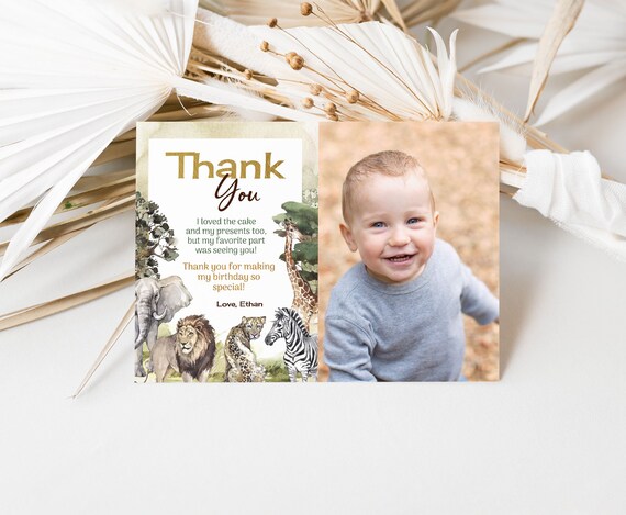 Safari Photo Thank You Card, Editable template, Jungle animals thank ...
