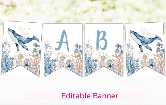 Editable Whale banner, Ocean birthday, Under the sea Banner, Under the ...