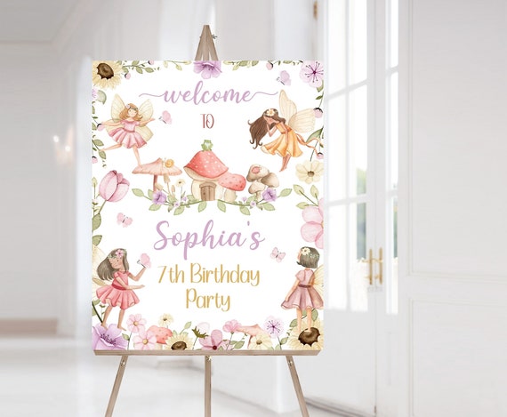 Fairy Birthday party welcome sign, Floral Fairy birthday decorations ...