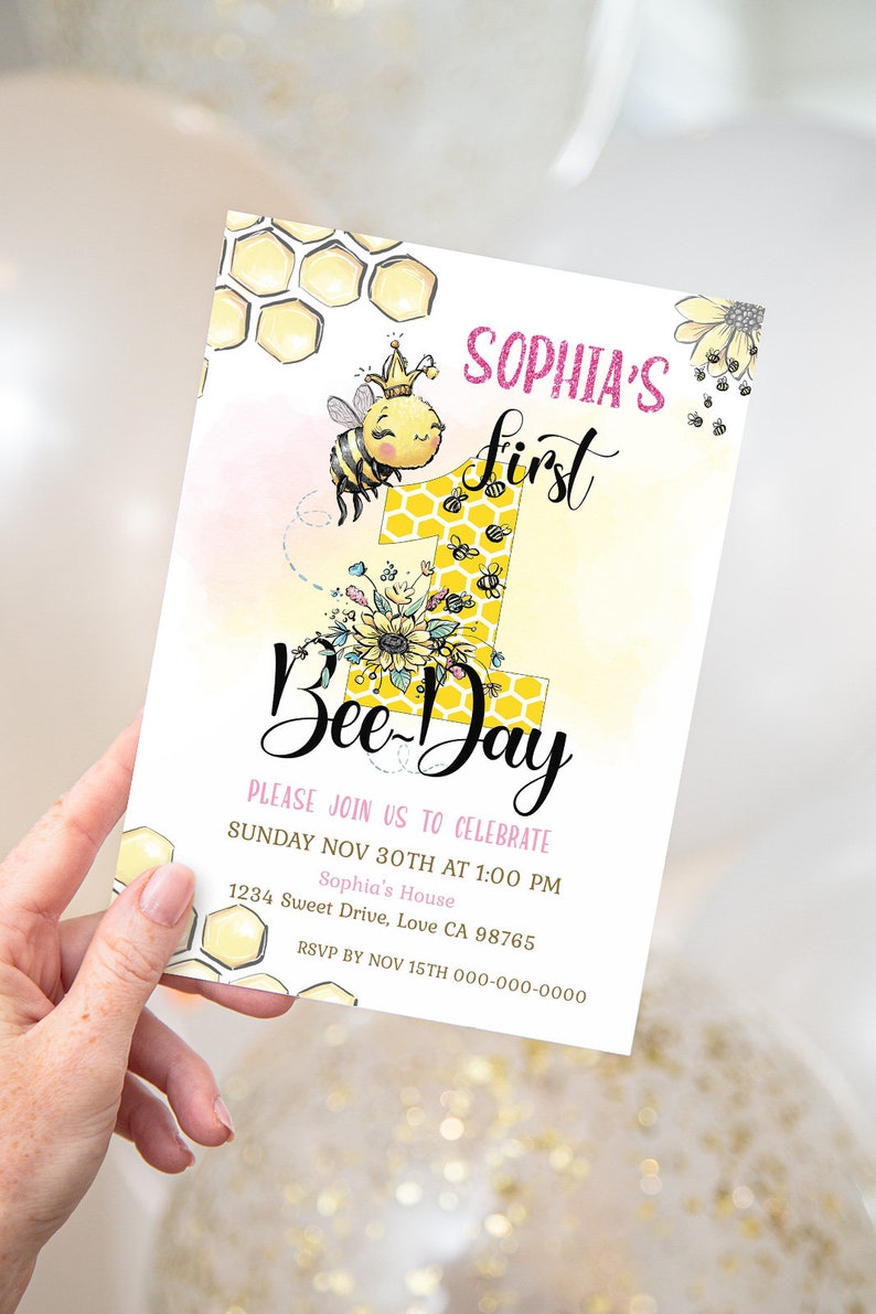 Bee First Birthday Invitation EDITABLE First Bee Day Invite - Etsy